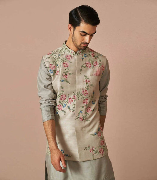 Anushree Reddy - Grey Rawsilk iris thread embroidered bandi kurta set ...