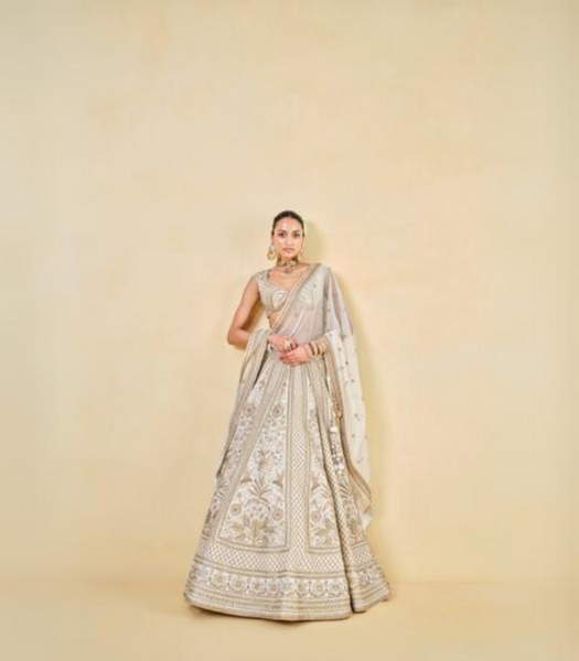 Mahroo Zardozi Embroidered Silk Lehenga Set - White - The Grand Trunk