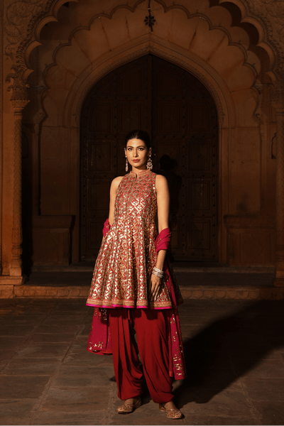 Renu Tandon Surkh Gota Short Flared Suit - The Grand Trunk